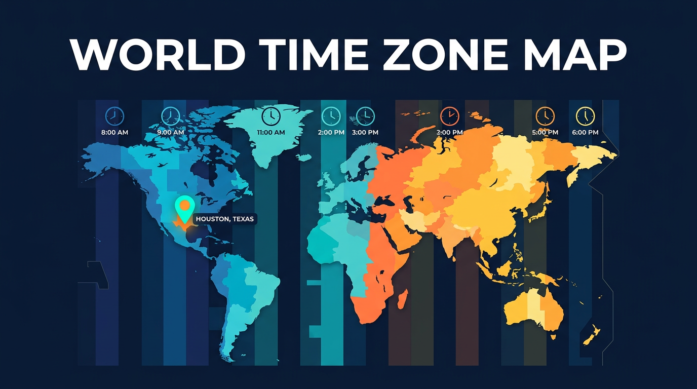 World Time Zone Map — Houston's Position in Central Time